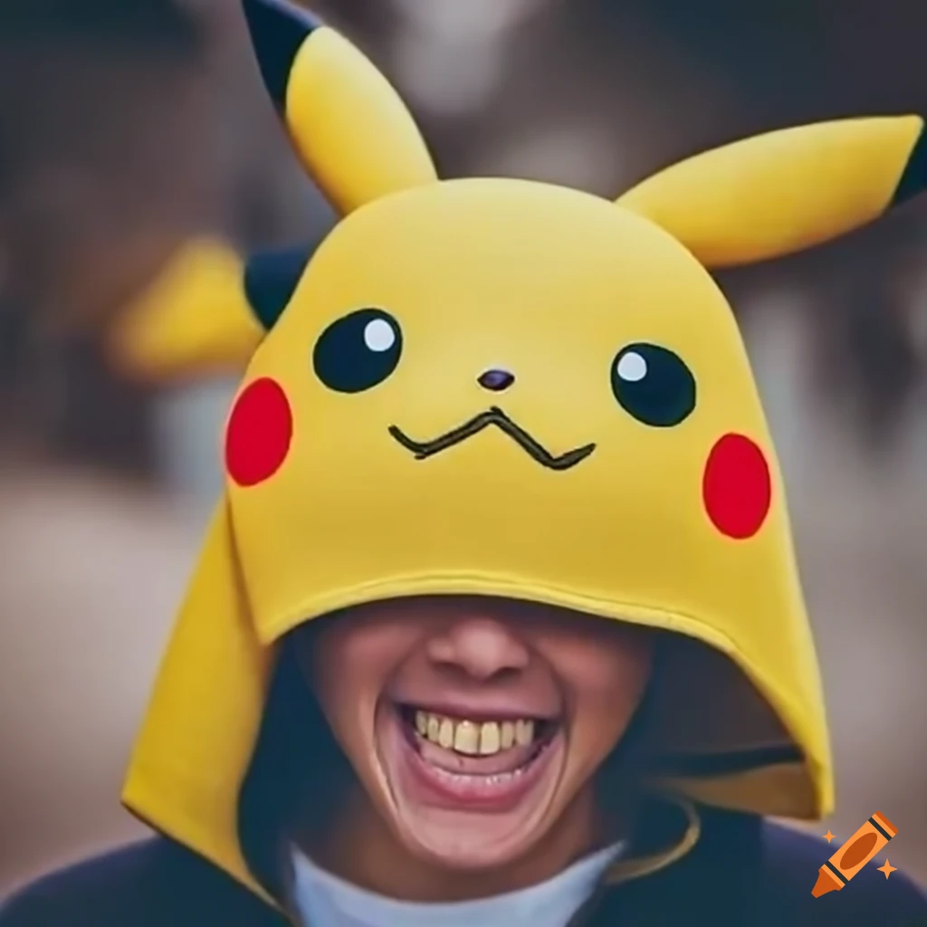 Man with pikachu mask in a dark forest at night captured in vhs style ...