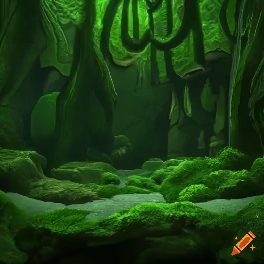 High contrast 2D game layout with moss, tendrils, and mushrooms on Craiyon