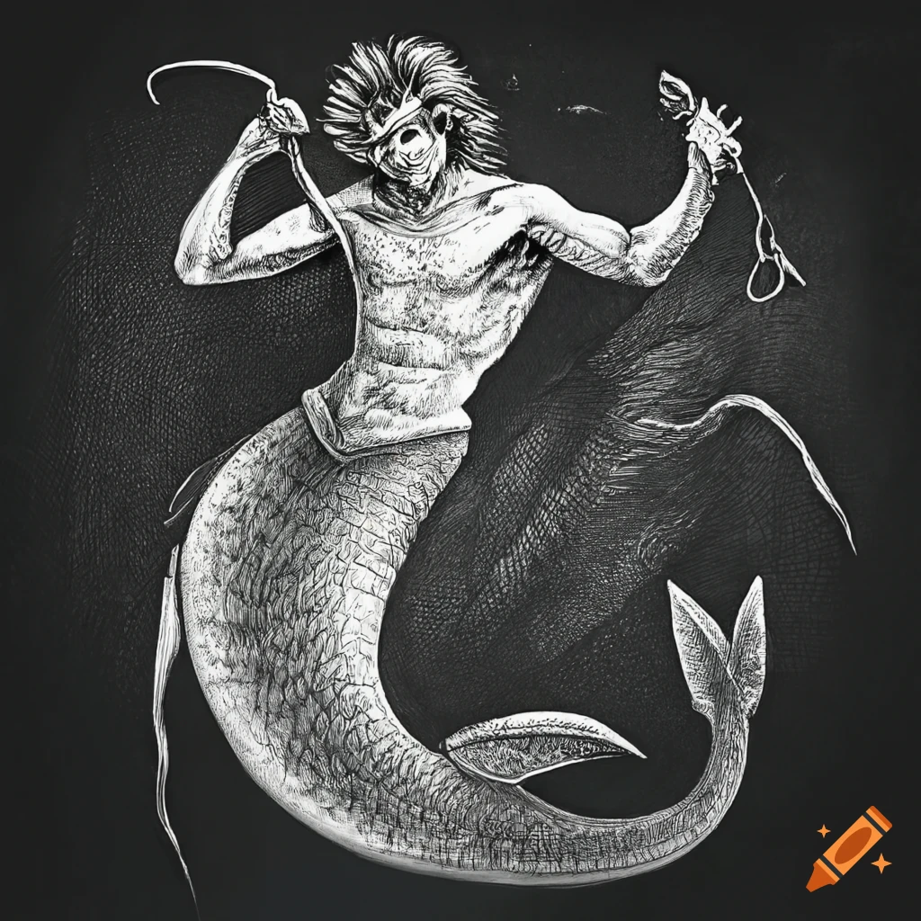 Detailed etching of steve harrington as a merman monster