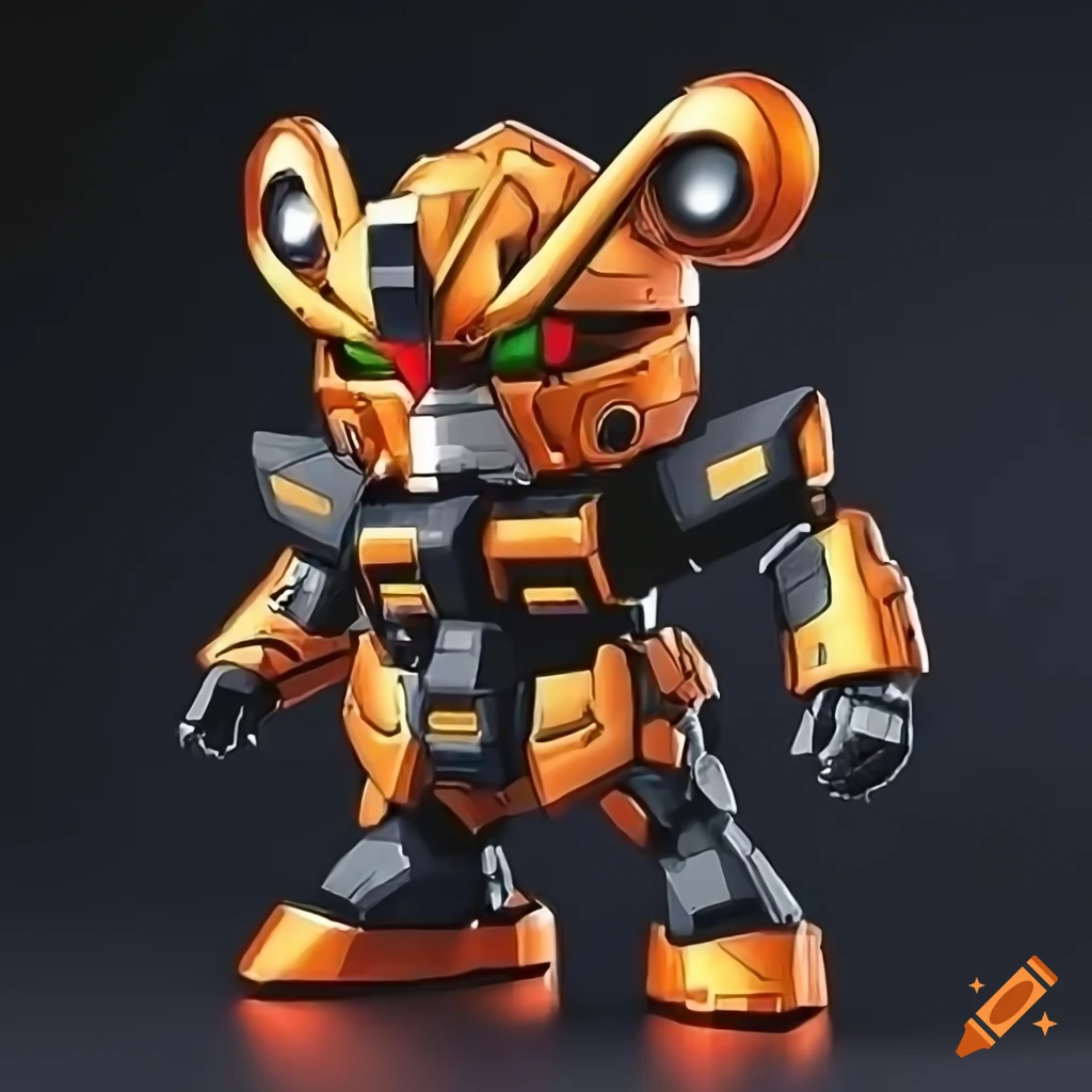 Chibi gundam robot with black and orange metallic armor on Craiyon