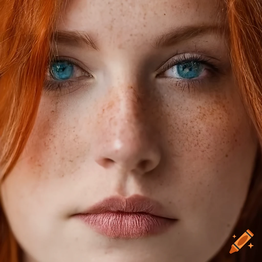 Close-up portrait of a beautiful hobbit with red hair and freckles