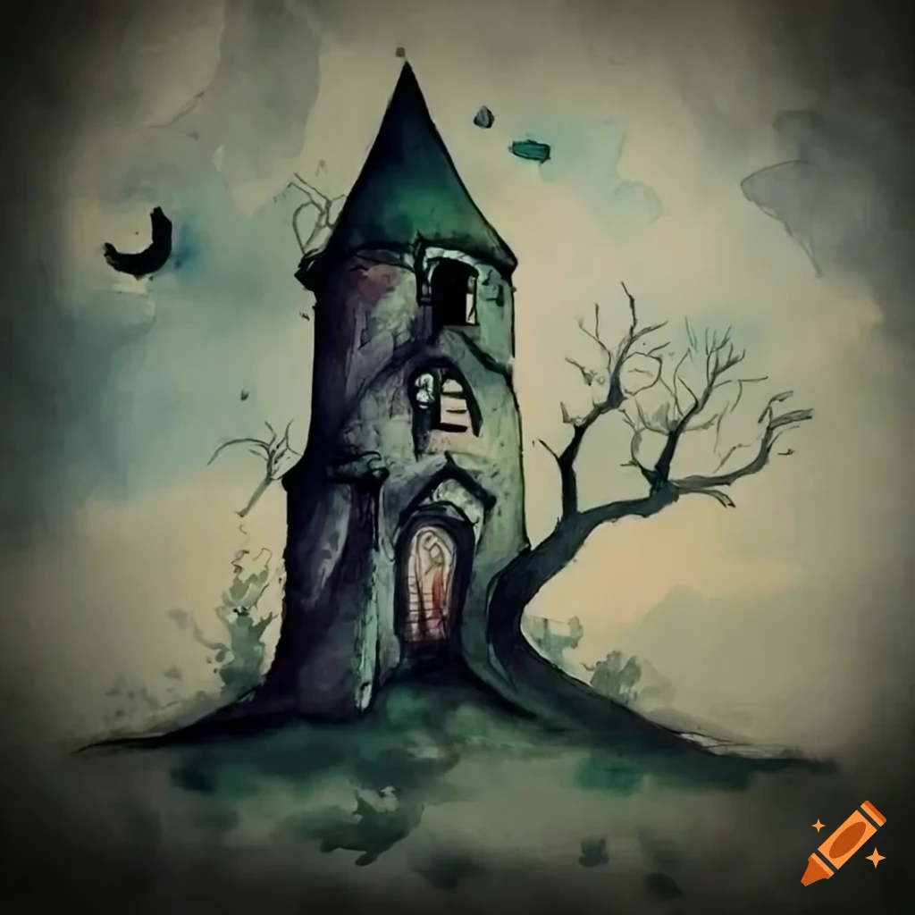 Surreal pencil sketch of a haunted tower
