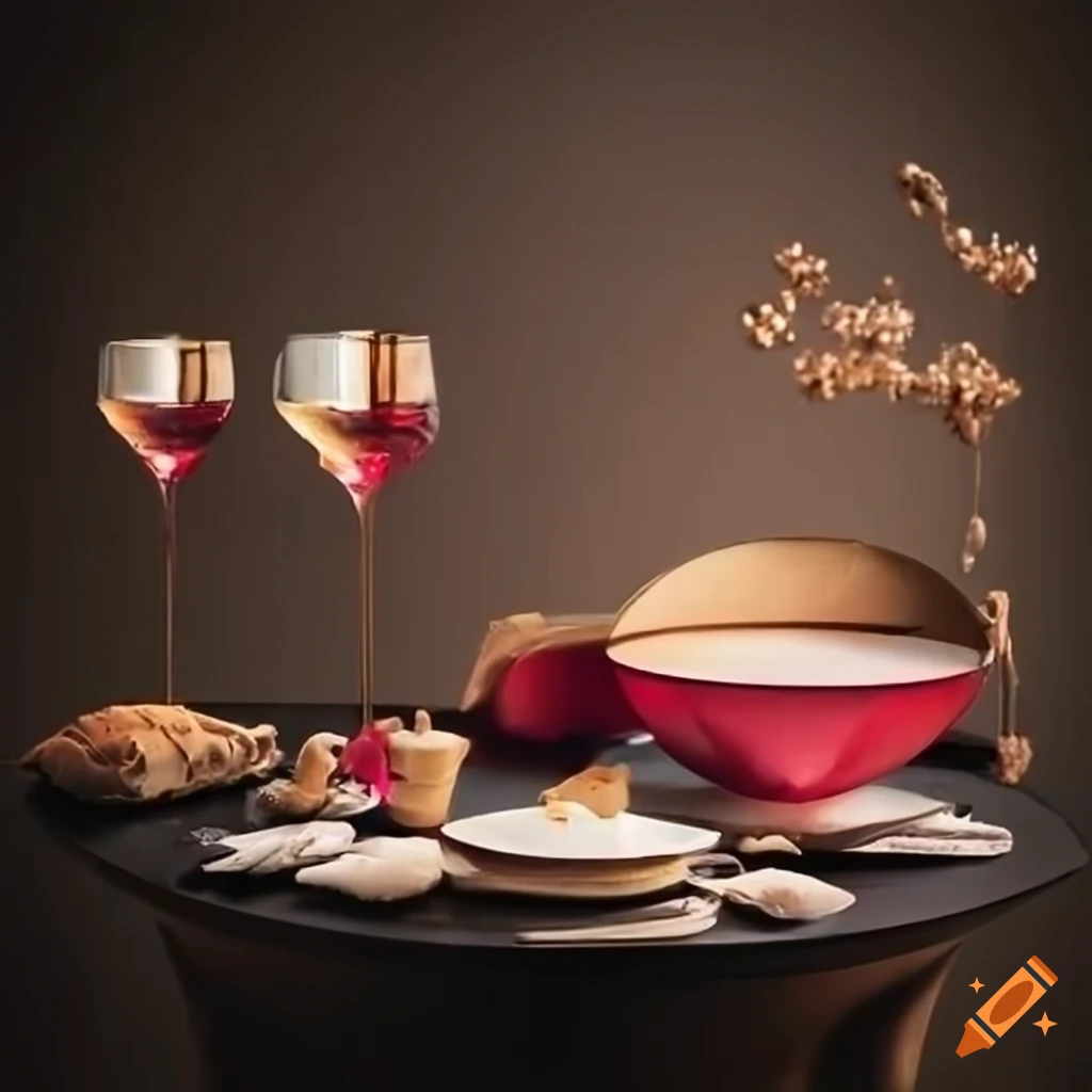 Table with surrealistic pastries and complex wine glasses on Craiyon
