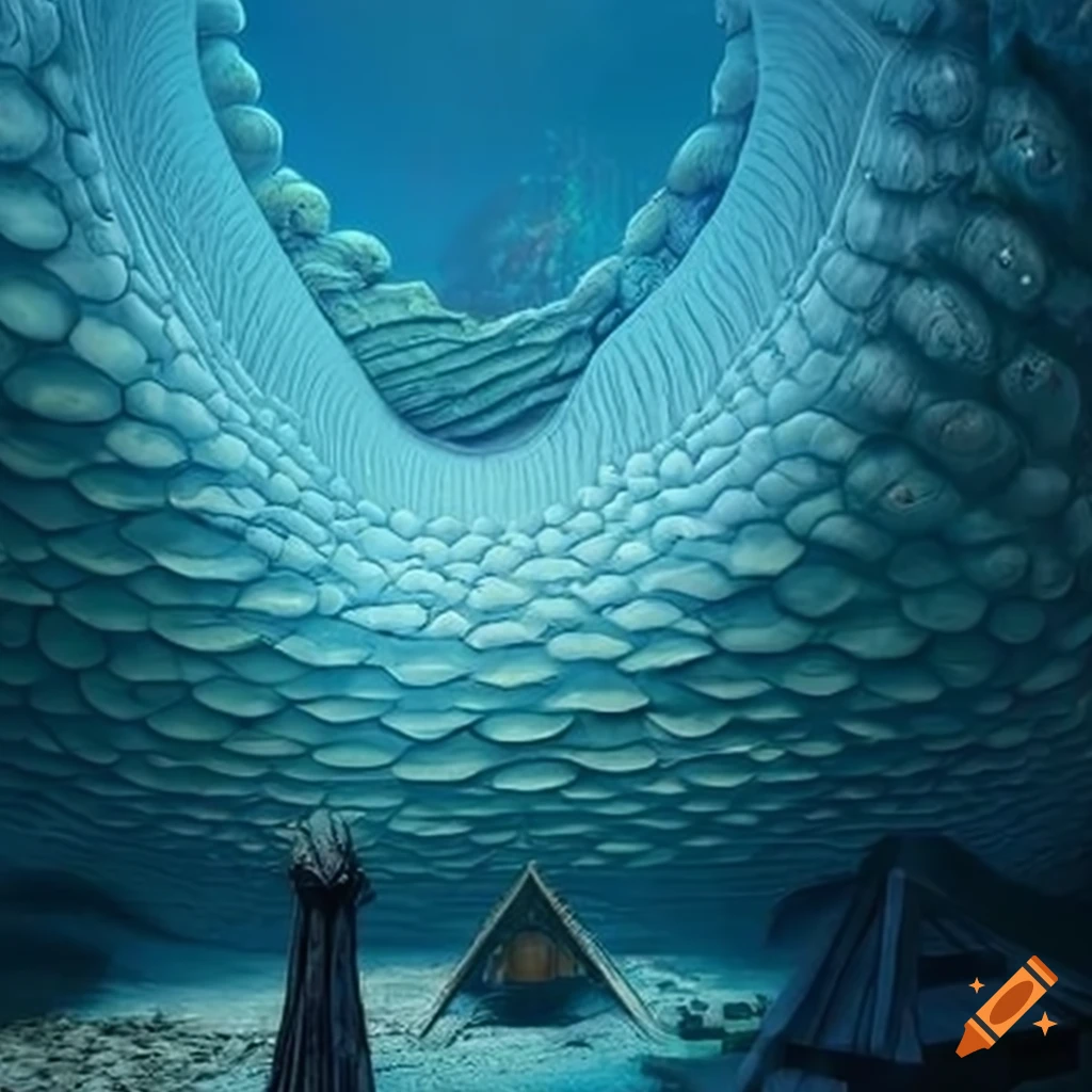 Illustration of a cathedral-like cabin made of giant clams on Craiyon