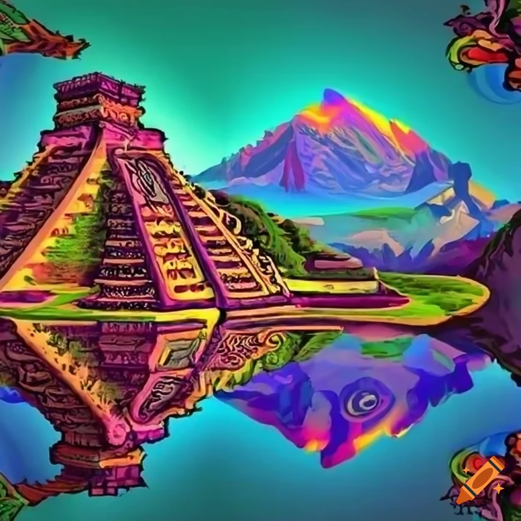 5d trippy aztec temple landscape on Craiyon