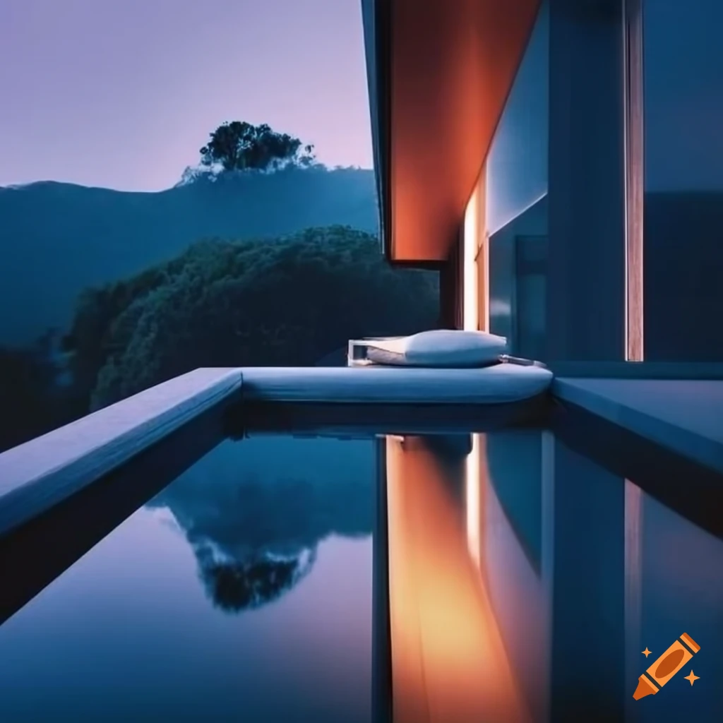 Polaroid film photography of a modern luxury villa at sunset on Craiyon