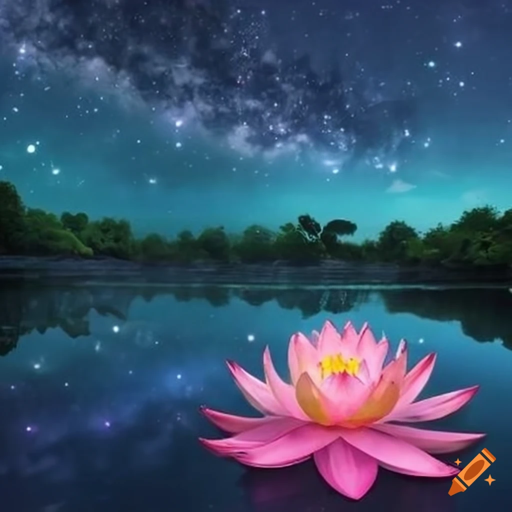 Night scenery of lotus pond with star reflections