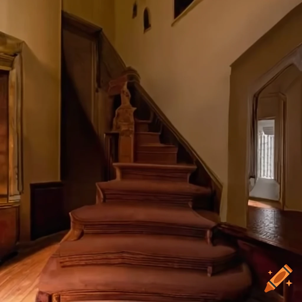 Staircase starting from a school hallway on Craiyon