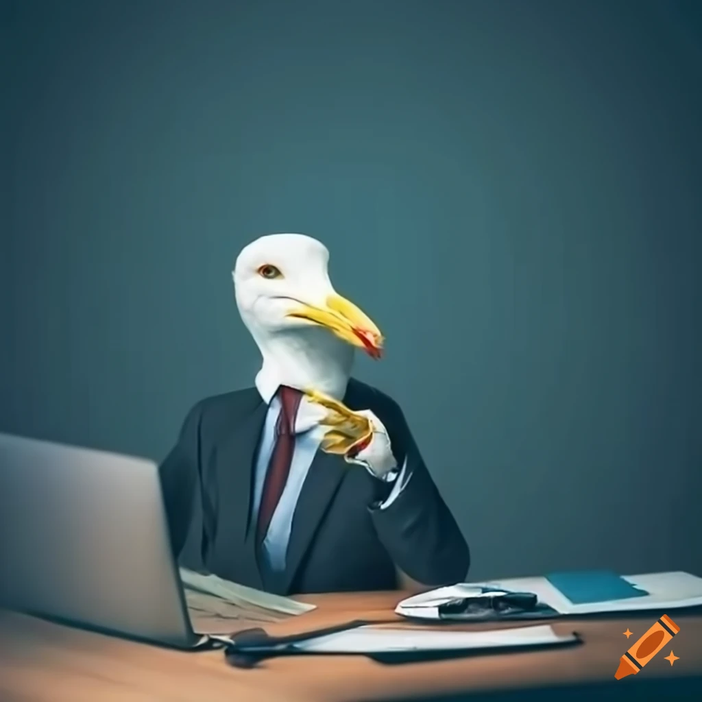 Humorous image of a seagull working at a desk on Craiyon