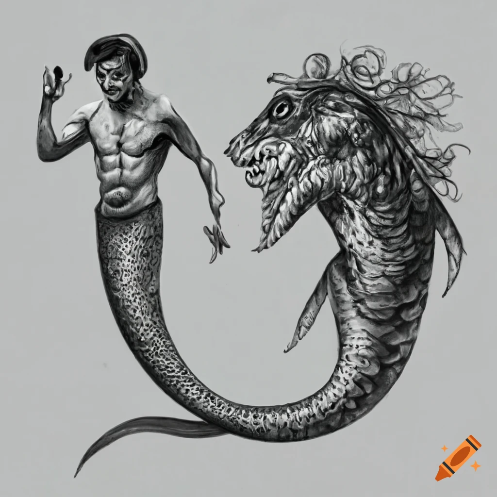 Detailed etching of a prehistoric merman monster