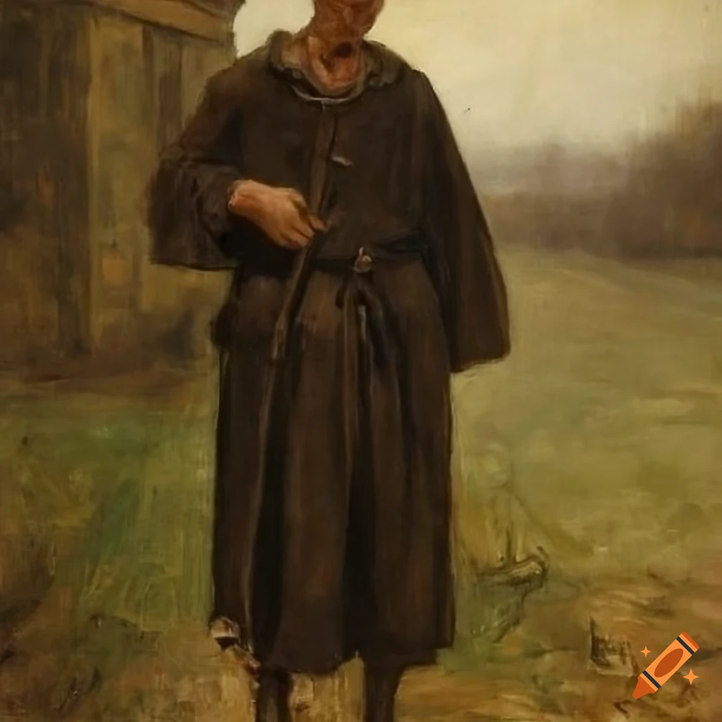 Dark painting of a man in tattered rags on Craiyon