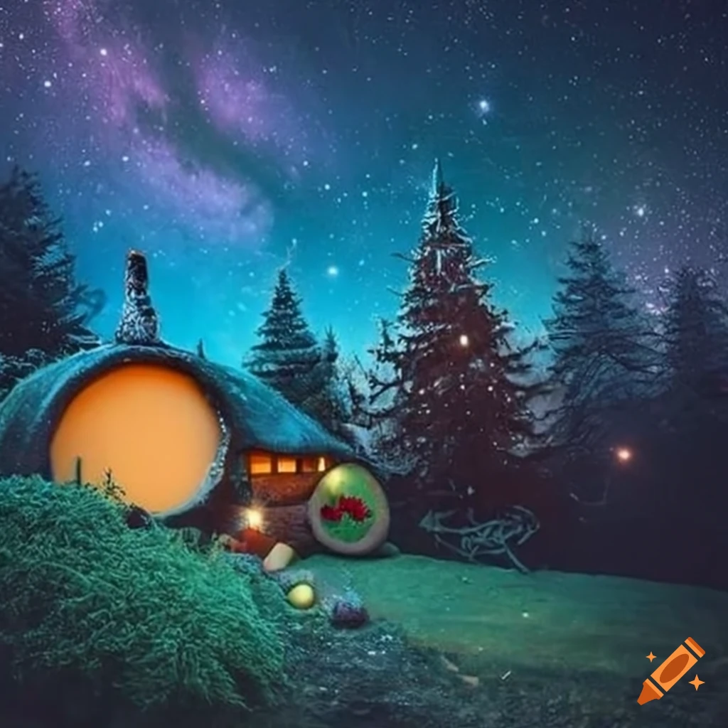 Cozy hobbit house illuminated with Christmas lights on Craiyon