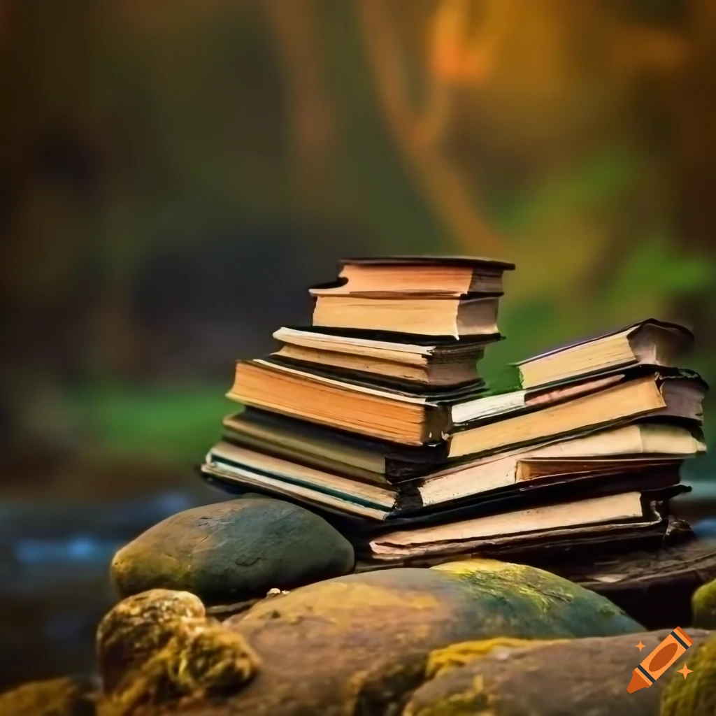 Books stacked on a moss covered stone near a river on Craiyon