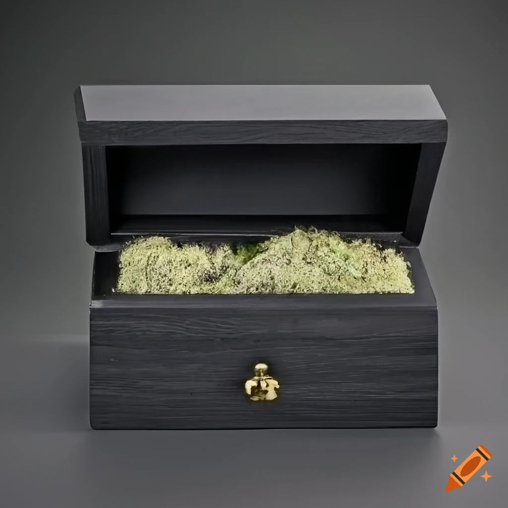 Black wooden box with open lid and silver moss inside on Craiyon