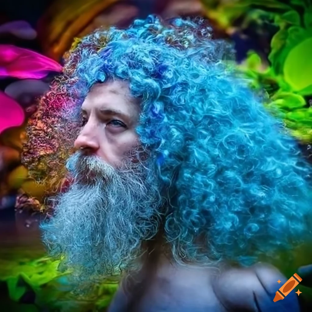 Portrait of a stately man with blue scaly skin in a vibrant underwater ...
