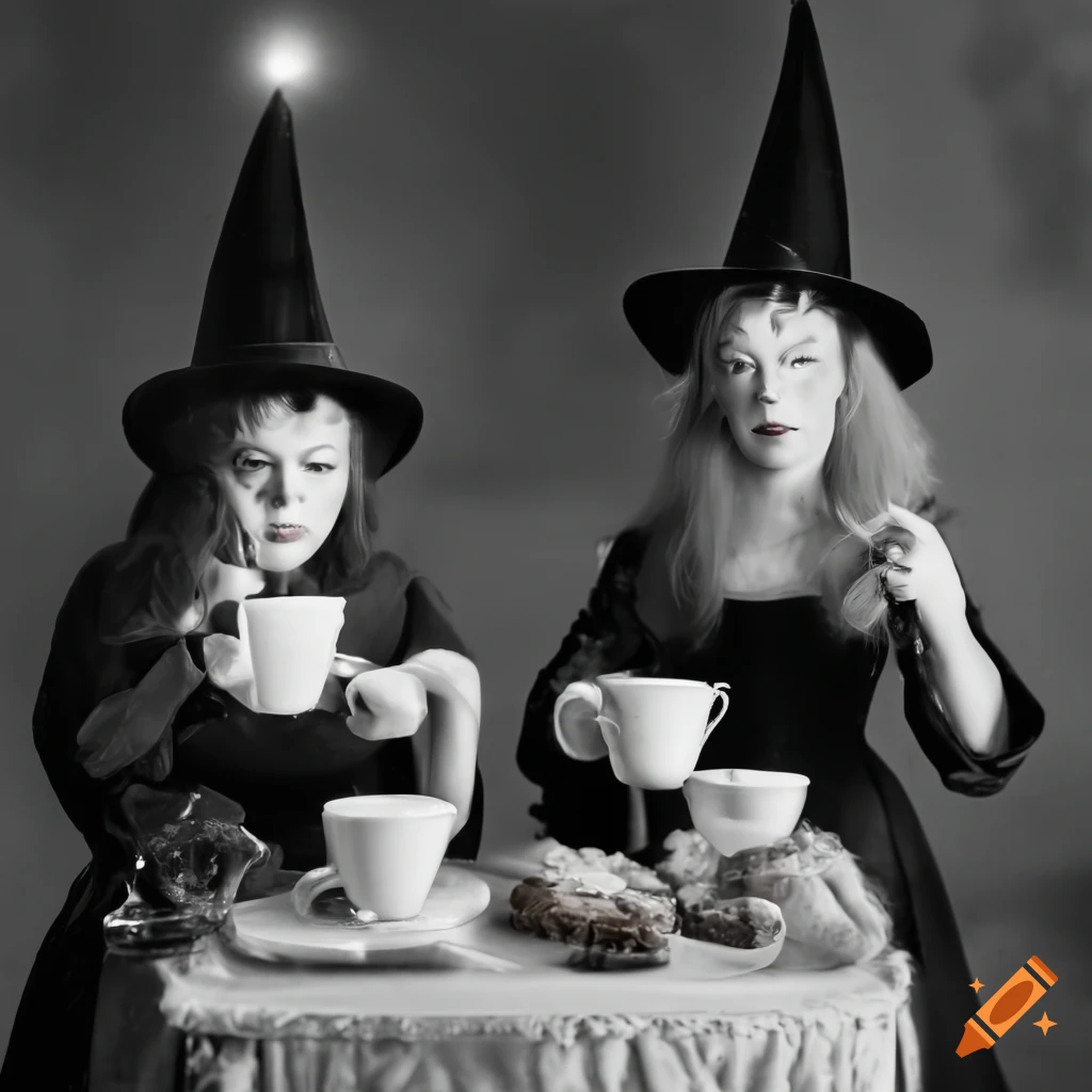 Vintage depiction of witches enjoying coffee in a bakery on Craiyon