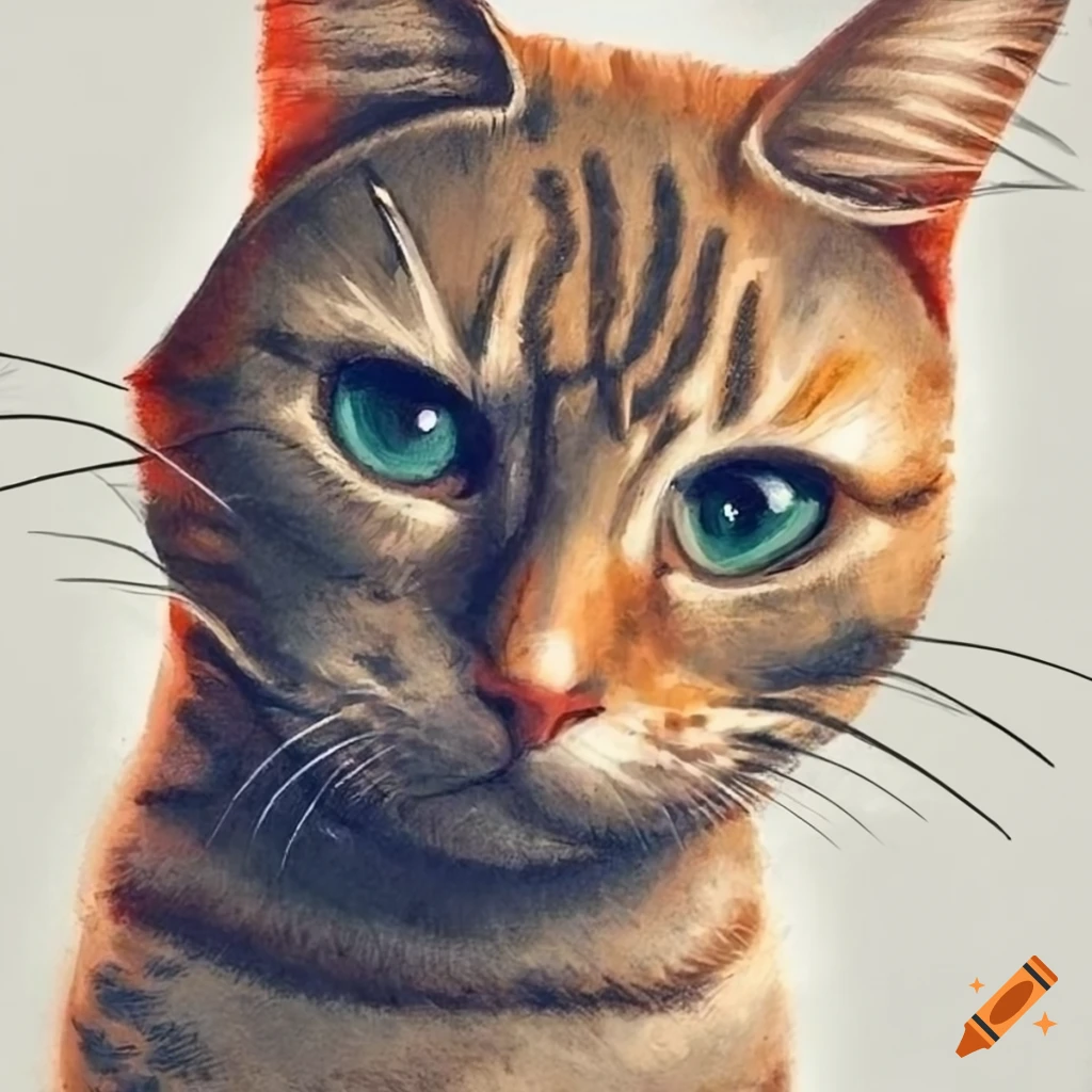 Fluffy cat with emerald eyes drawn in colored pencil on Craiyon