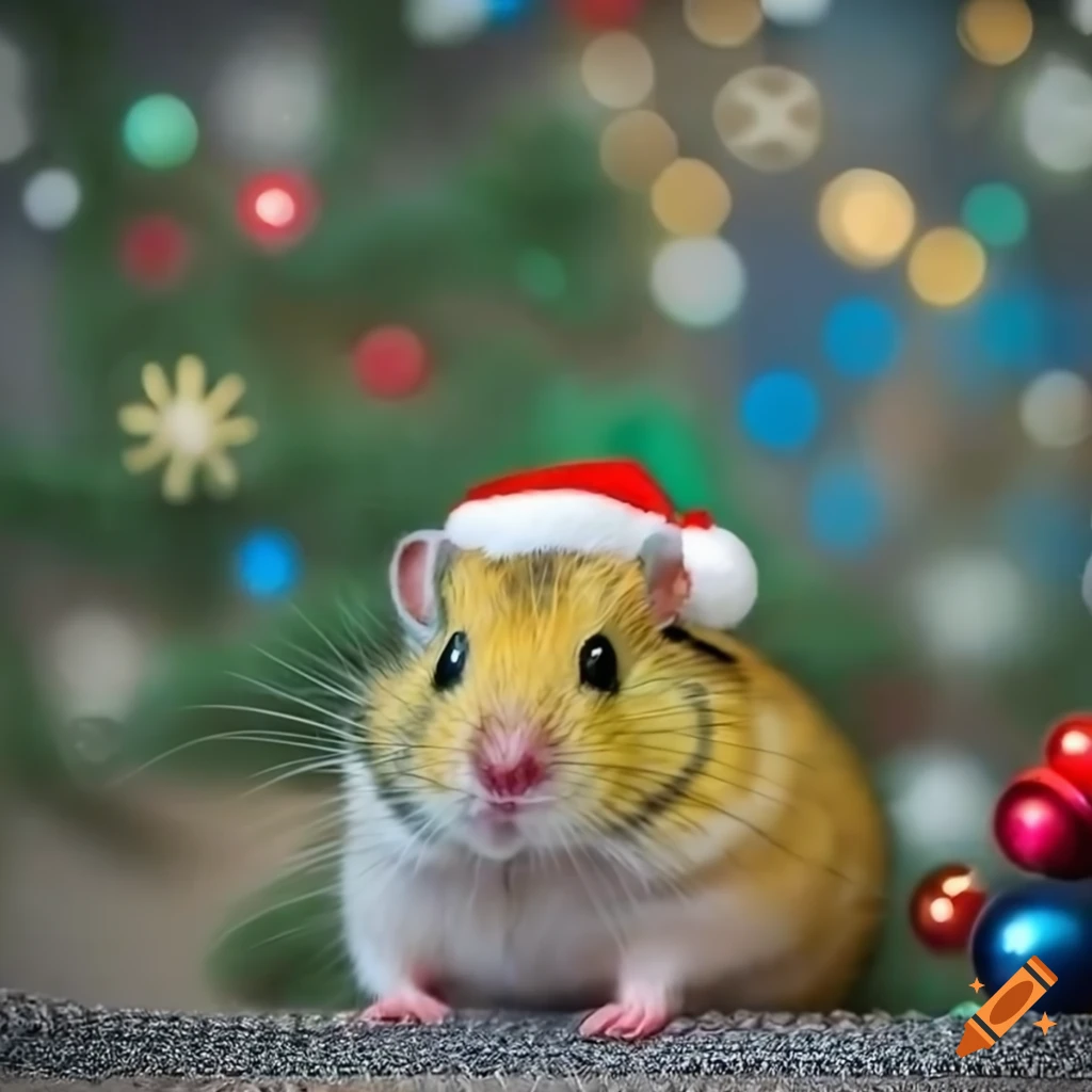 Cute hamster with santa hat and christmas tree on Craiyon