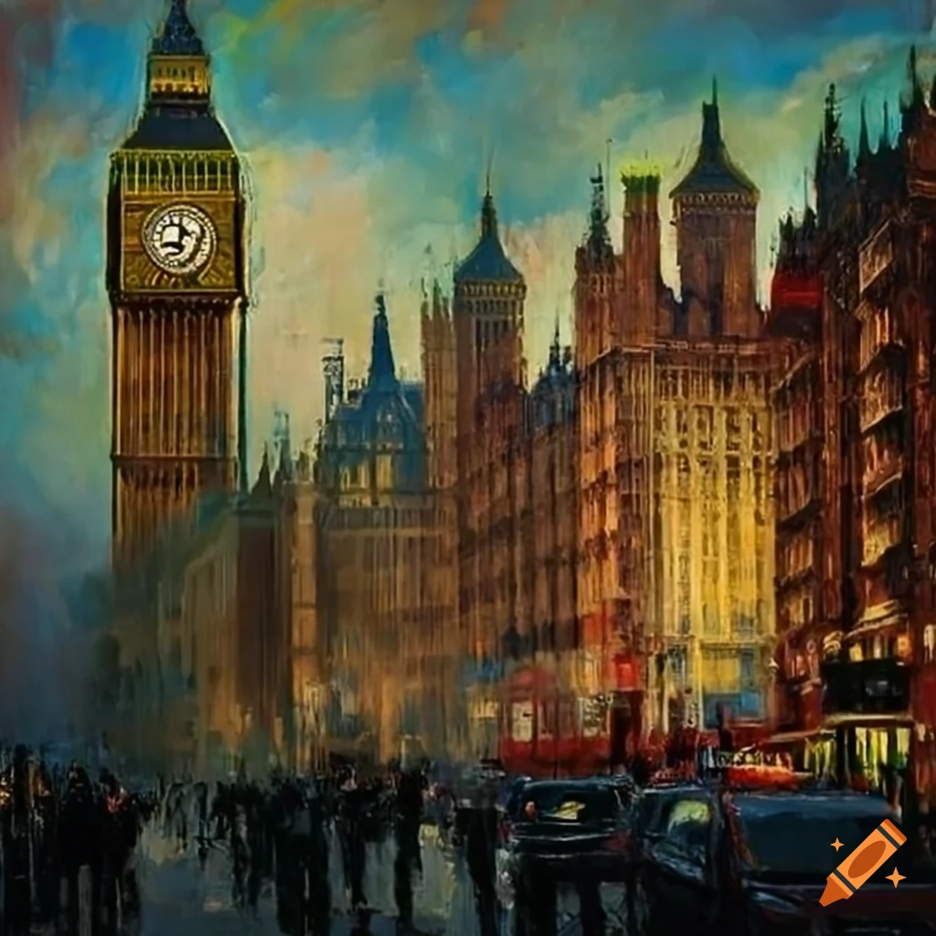Impressionist painting of london streets with big ben
