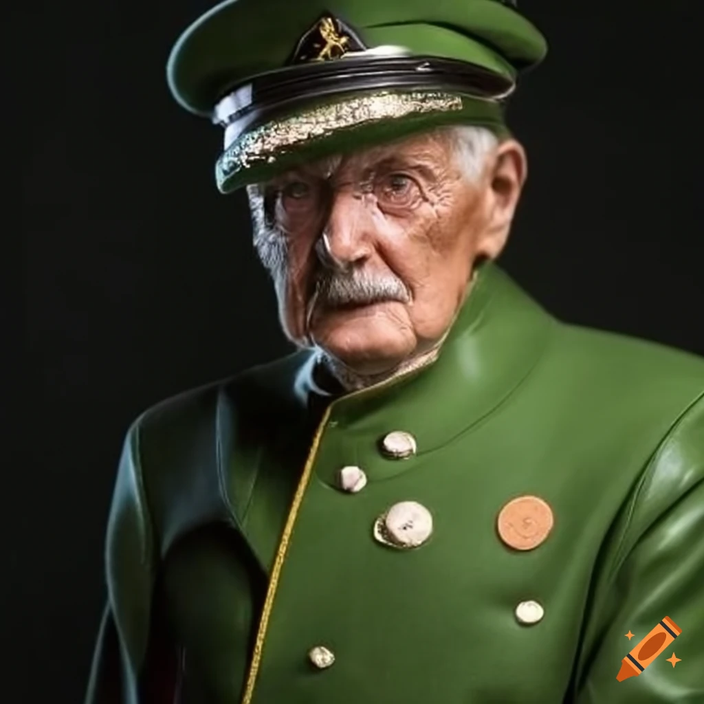 Image of an older huntsman in green rubber uniform on Craiyon