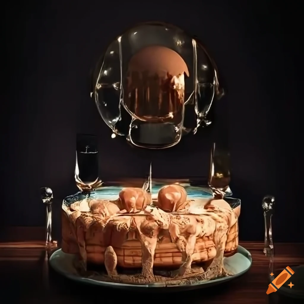 Surrealistic pastries on a table with complex wine glasses and ...