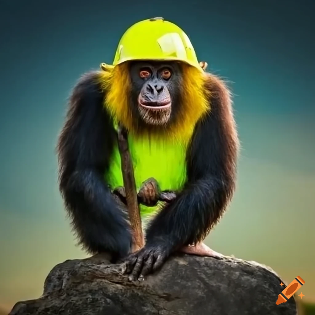 Anthropomorphic lion wearing a helmet at a construction site on Craiyon