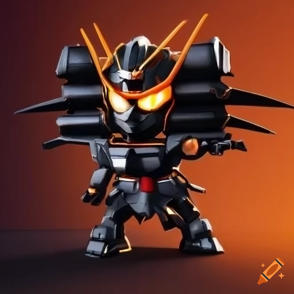 Black and orange chibi gundam robot with metallic armor on Craiyon