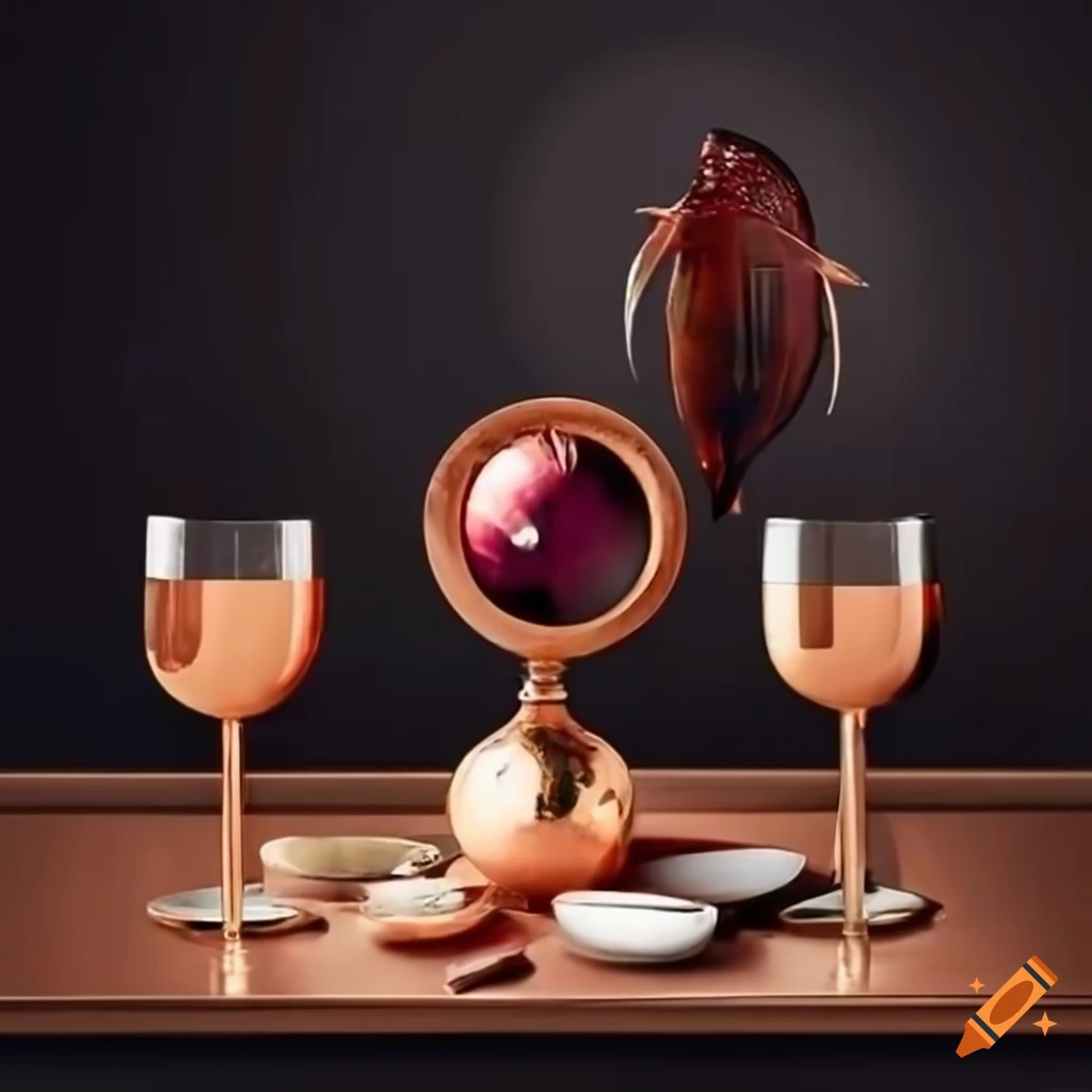 Surrealist pastries on a table with wine glasses and goldfish on Craiyon