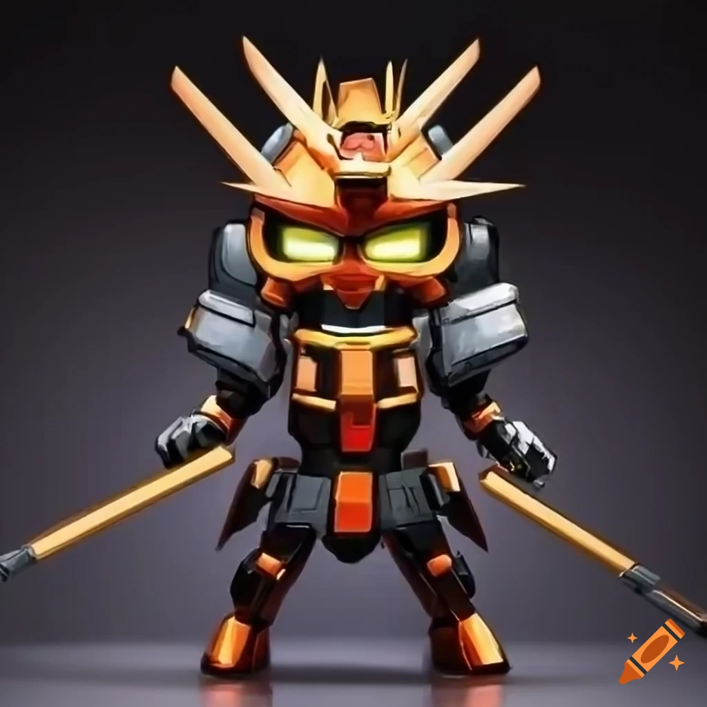 Chibi gundam robot with black and orange metallic armor