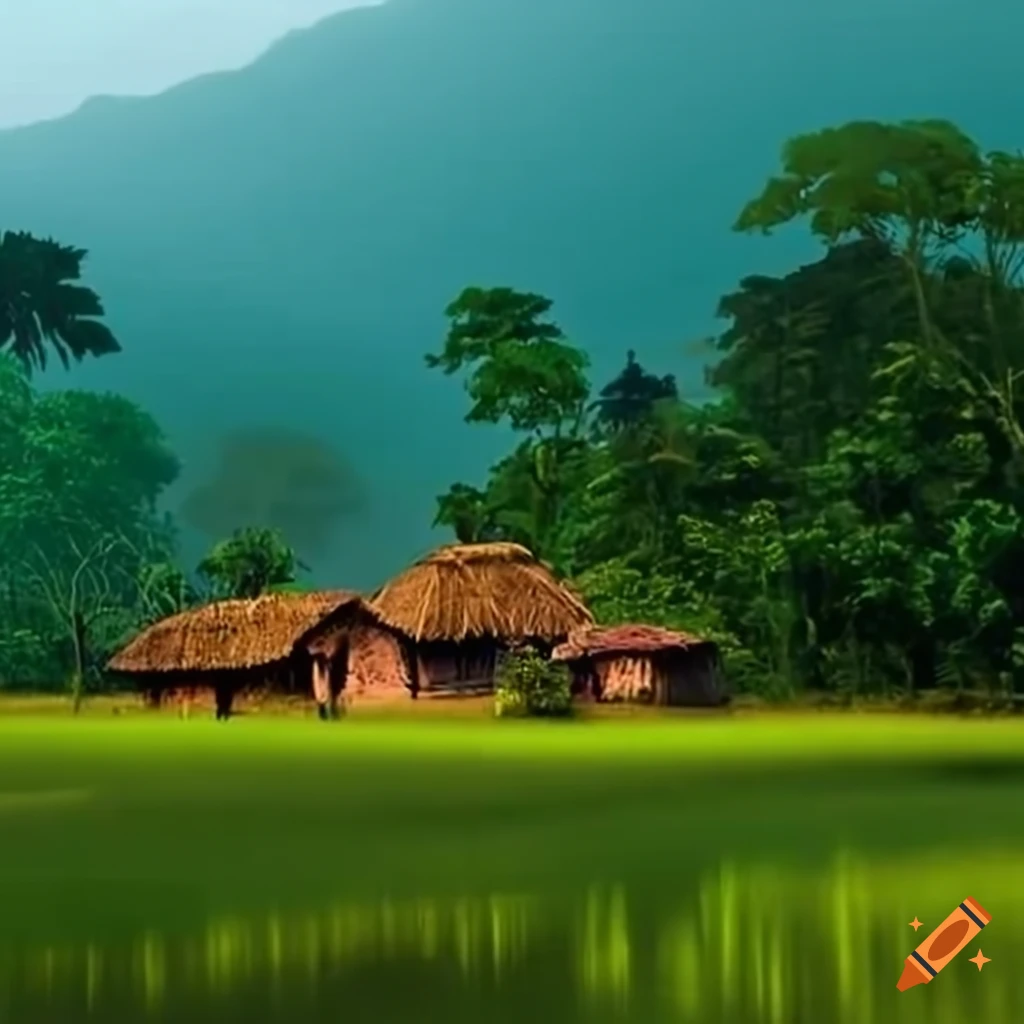 Photo-realistic depiction of an idyllic Indian village in Assam on Craiyon