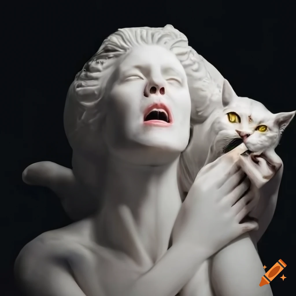 Marble sculpture of a screaming woman with chaotic scene