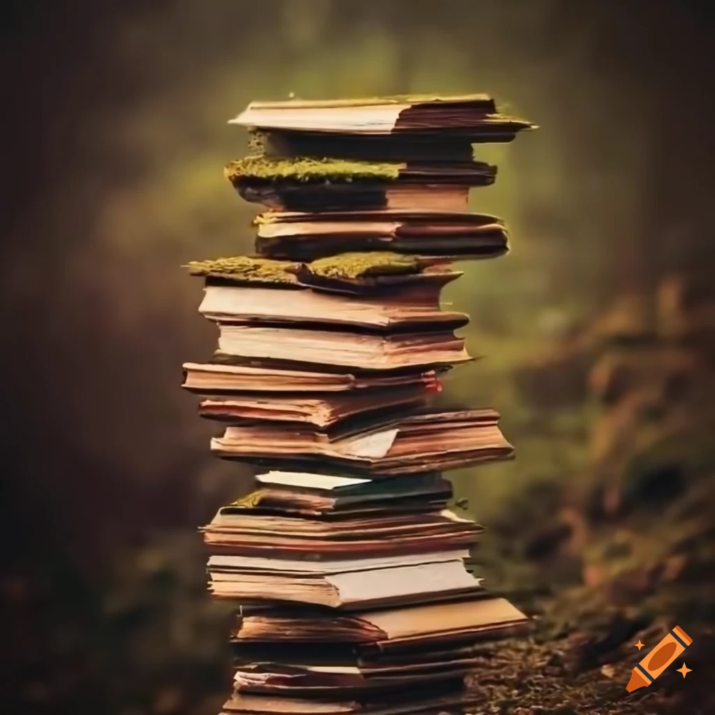 Stack of books in a moss-covered stone cellar on Craiyon