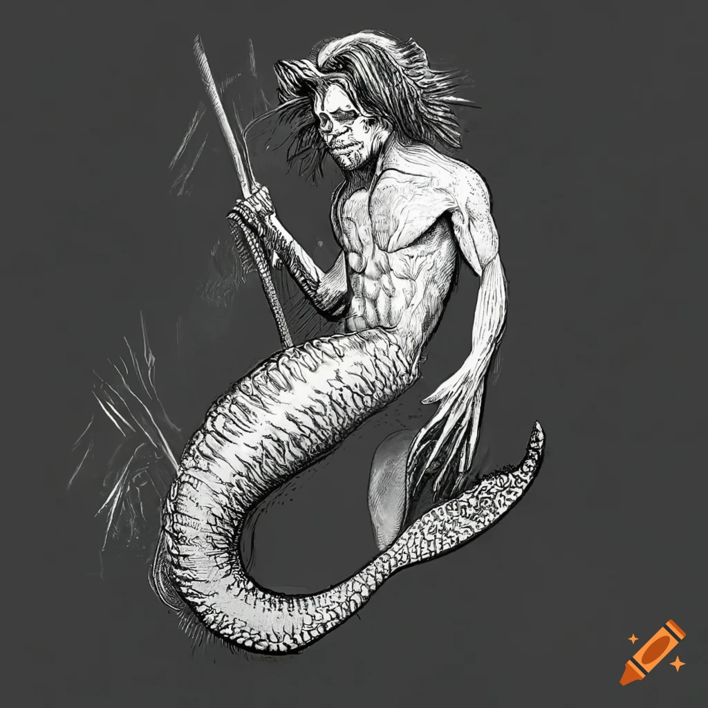 Detailed etching of steve harrington as a merman monster on Craiyon