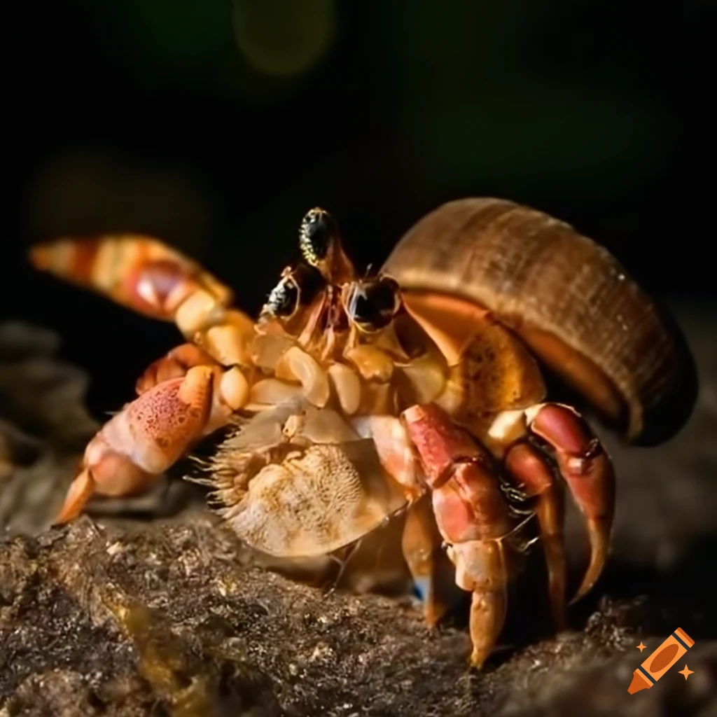 Cute hermit crab with small shiny shell and exaggerated claw on Craiyon