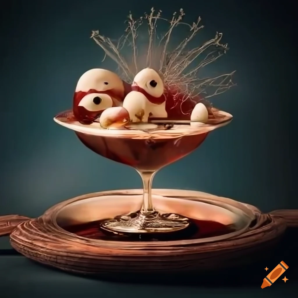 Surrealistic pastries and desserts on a table with wine glasses on Craiyon