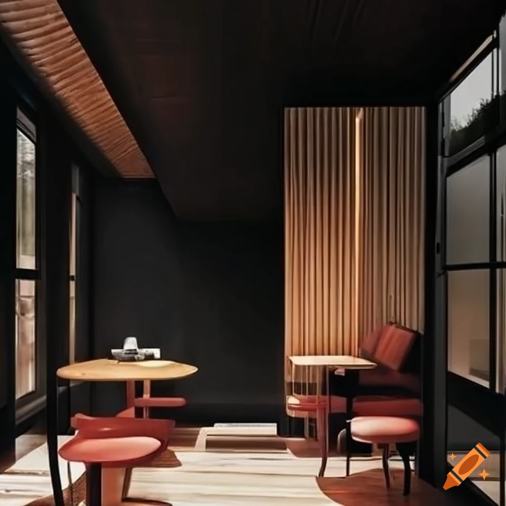 Japanese-inspired minimalist garden cafe with koi fish decorations on ...