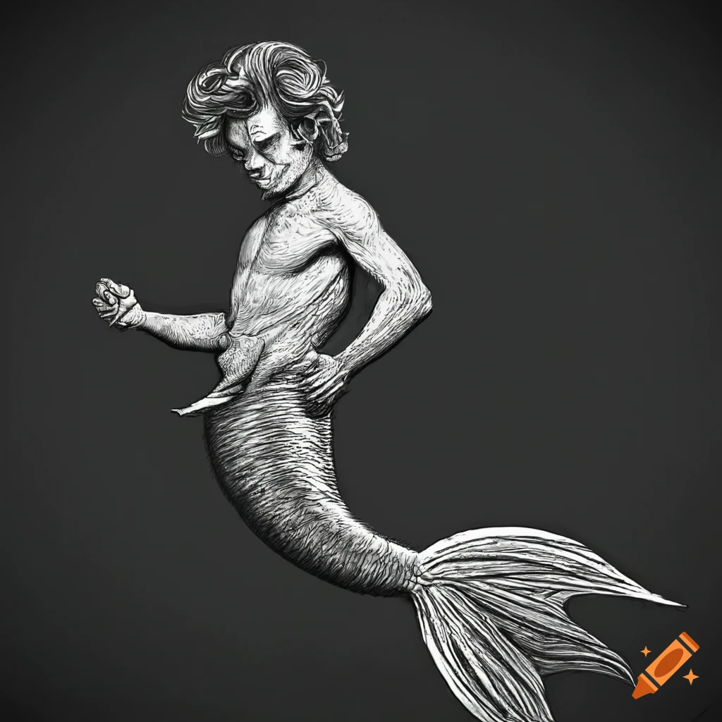 Detailed etching of steve harrington as a merman monster on Craiyon