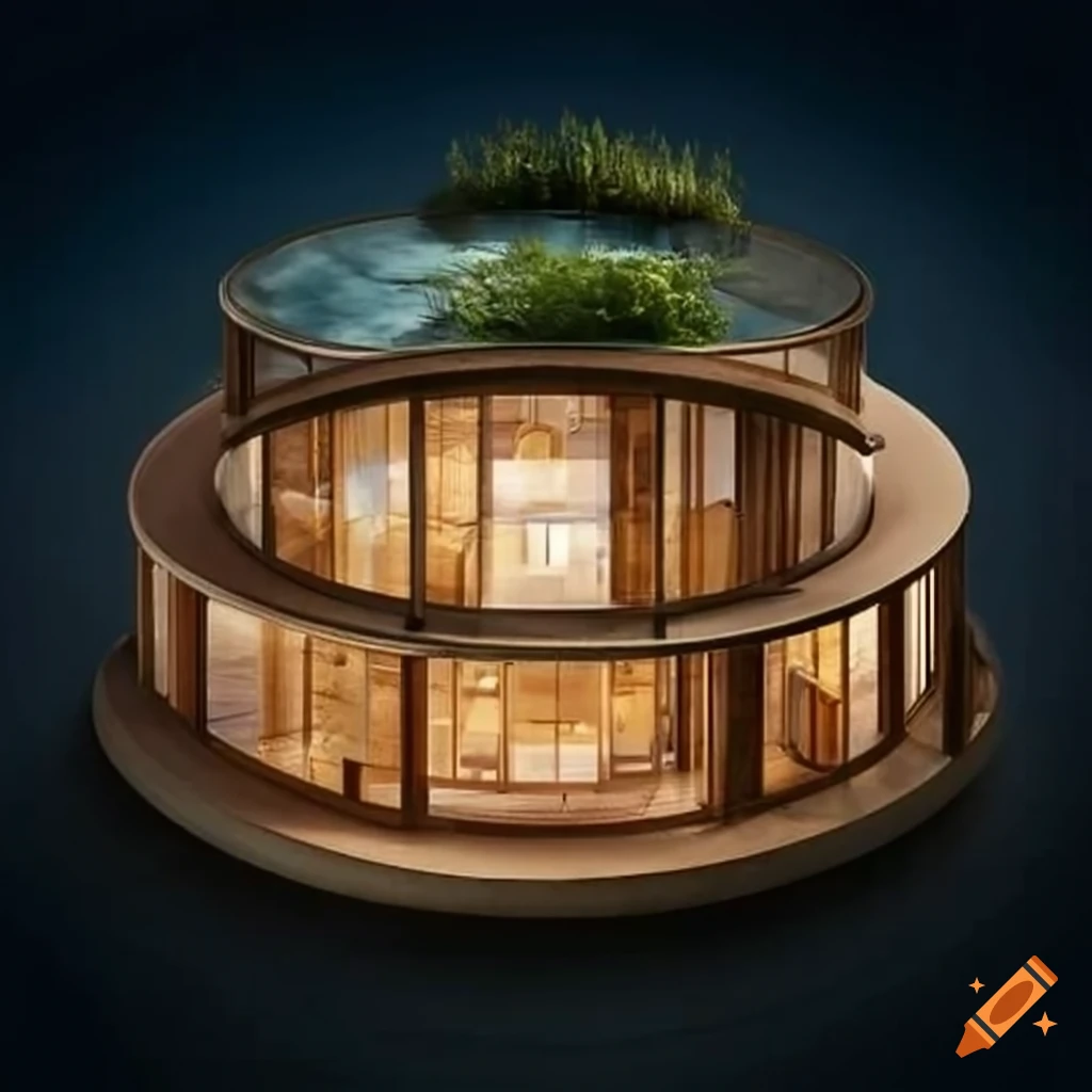 Circular house with bamboo and wood finishes and large windows on Craiyon