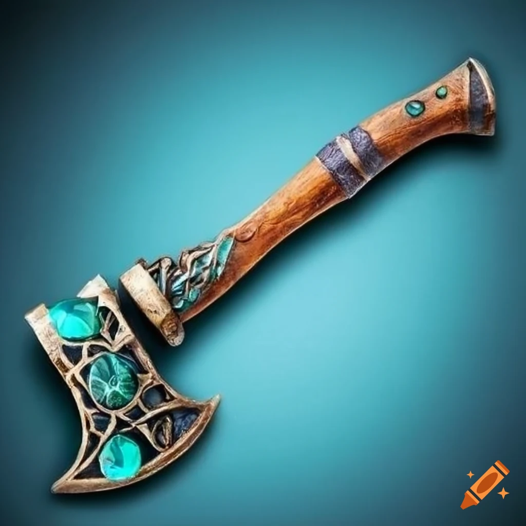 Medieval hatchet with teal gemstones