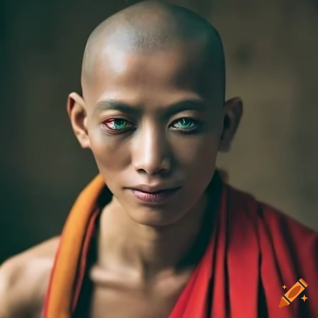 Smiling green-eyed monk in a fantasy world on Craiyon