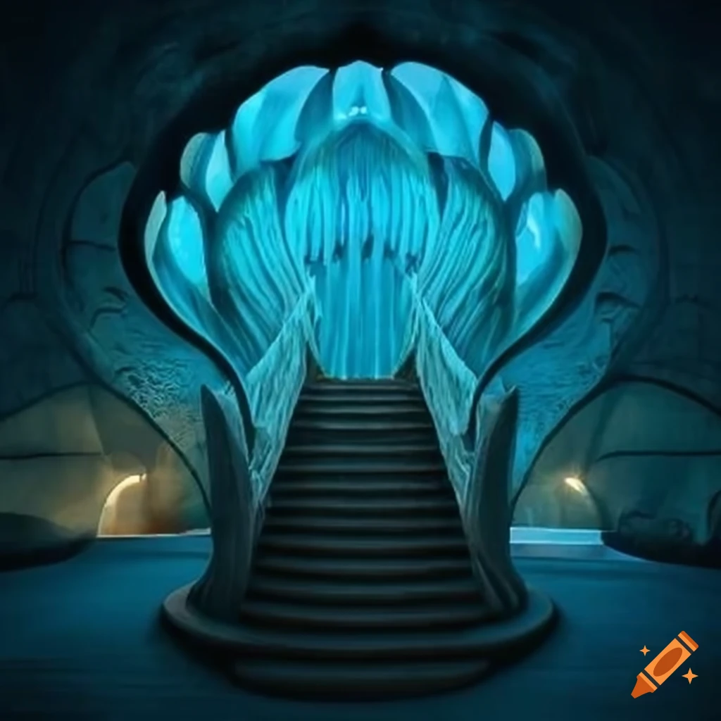 Illustration of a cathedral-like cabin made of giant clams on Craiyon