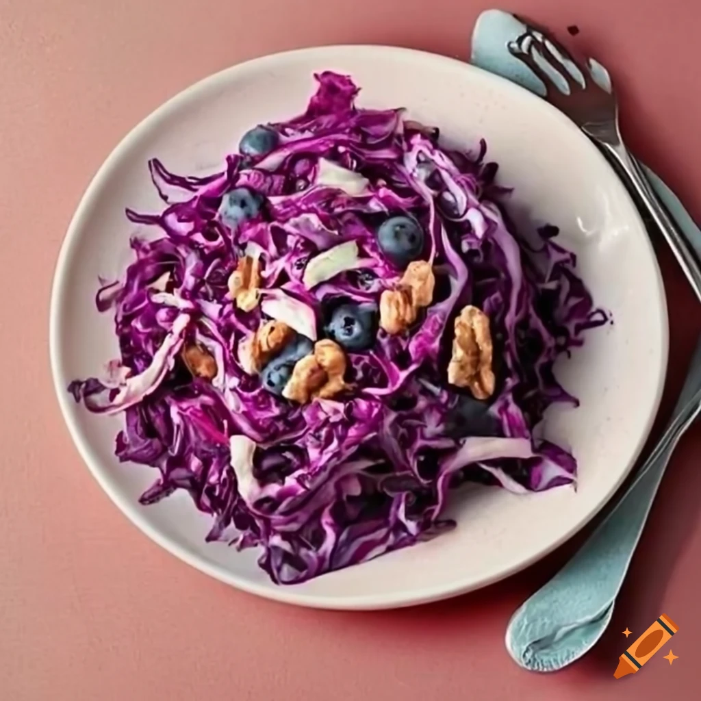 Red cabbage salad with raspberry, blueberry, mayonnaise and walnuts on ...