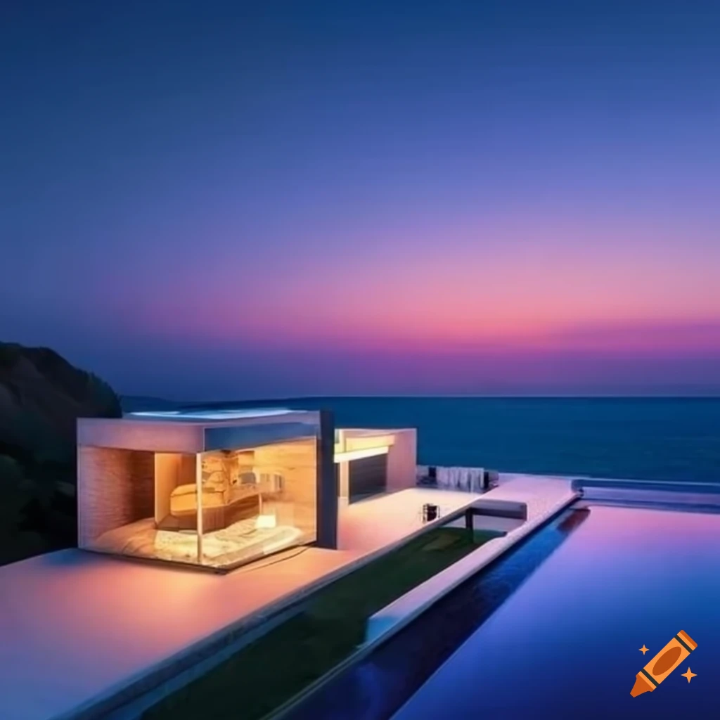Modern villa with panoramic windows and sunset view on Craiyon