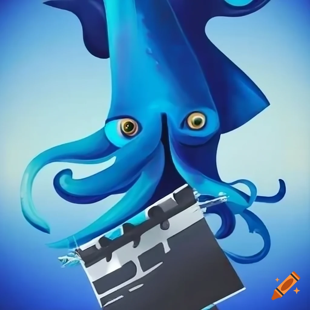 Blue squid holding a clapperboard