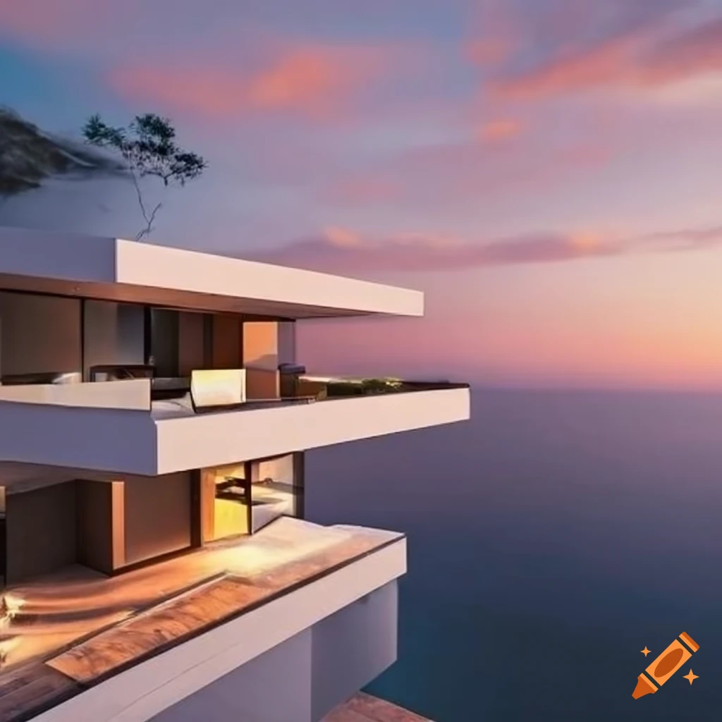 Modern villa with panoramic windows and sunset view on Craiyon
