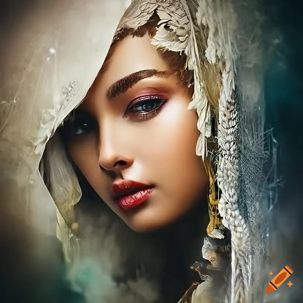 Portrait of a young goddess with an intense gaze on Craiyon