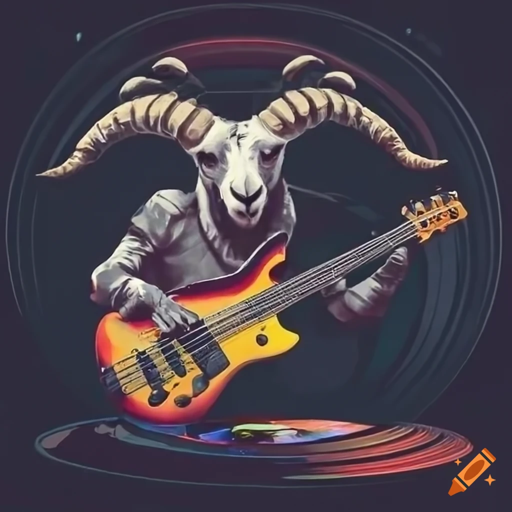 Goat playing bass guitar and riding a motorbike
