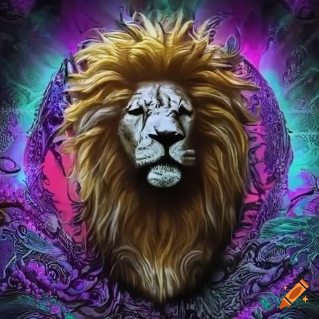 Psychedelic artwork of a lion playing guitar on Craiyon