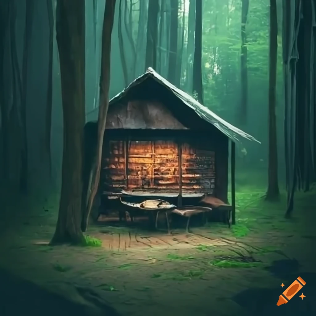 Vertical image of a quaint tea shop in the middle of a rainy forest