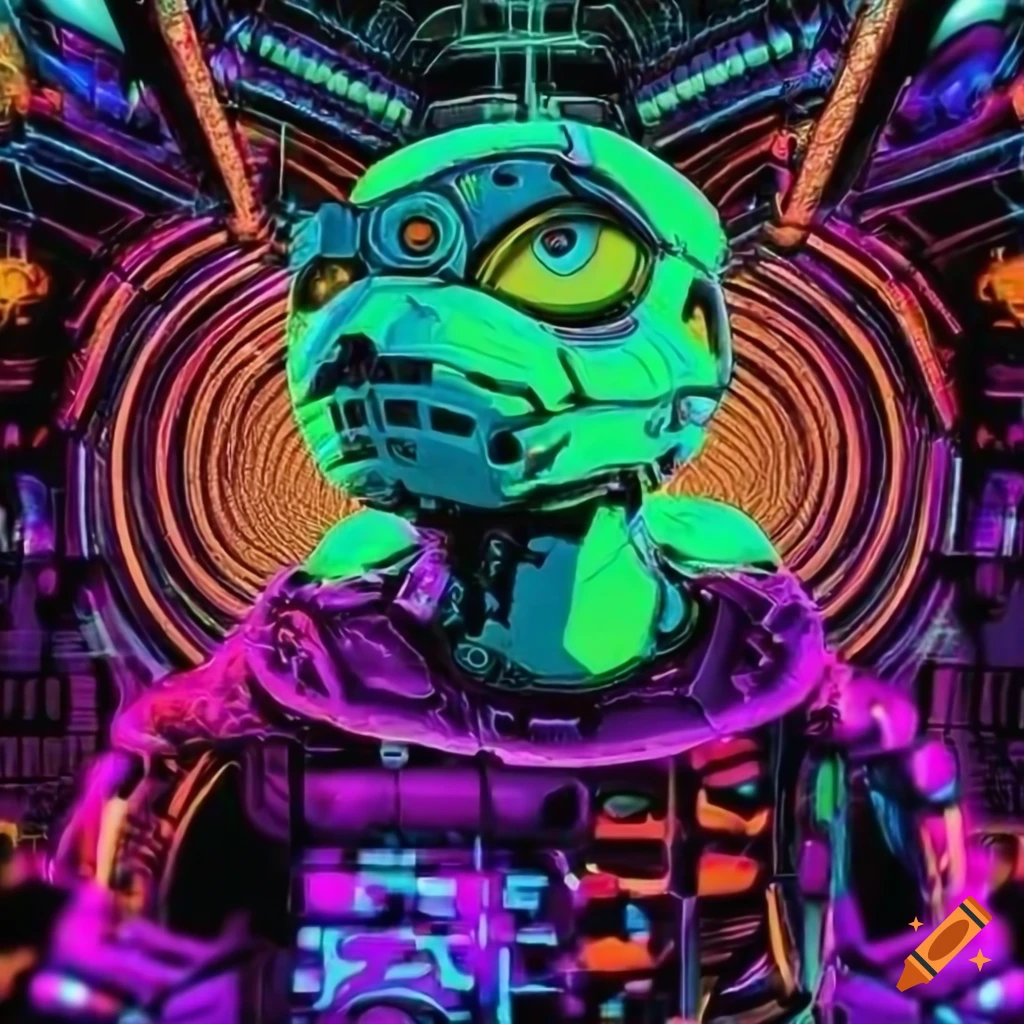 Neon cyborg turtle dj in a futuristic background